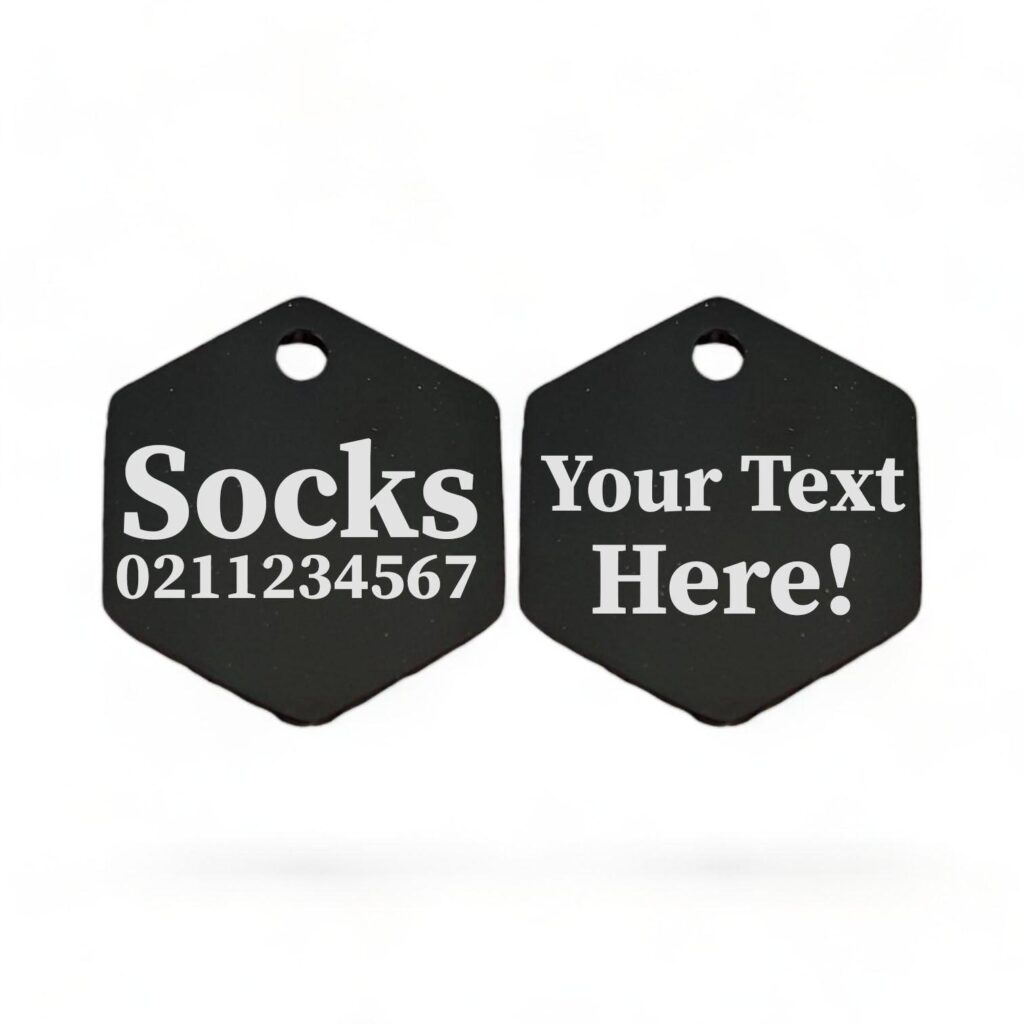 Custom Text Mirror | Stainless Hexagon | Cat & Dog ID Pet Tag