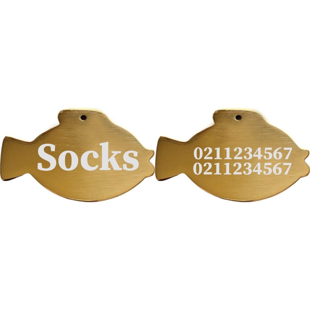 Name Front & 2 Numbers Back Fish | Mirror Stainless | Cat & Dog ID Pet Tag
