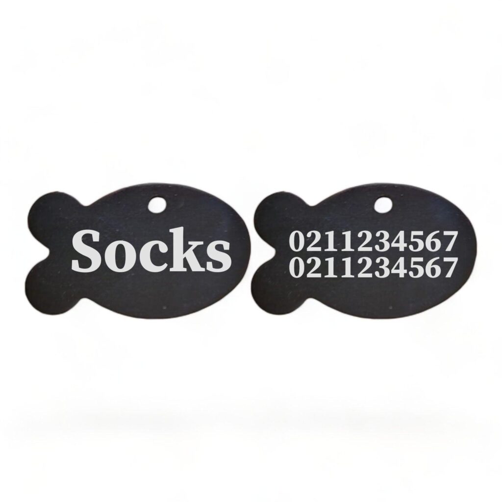 Name Front & 2 Numbers Back | Fish Aluminum | Cat, Kitten & Dog ID Pet Tag