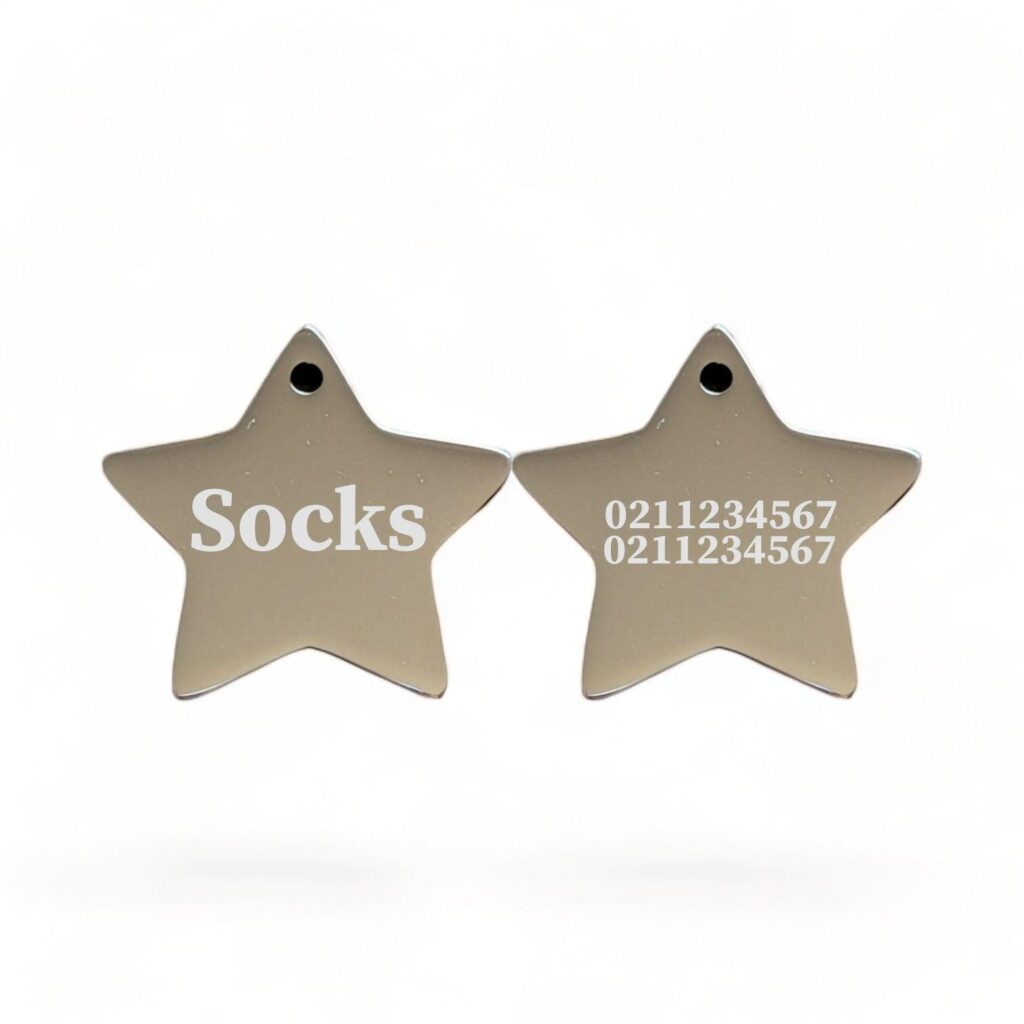 Name Front & 2 Numbers Back | Mirror Stainless | Star Dog & Cat ID Pet Tag