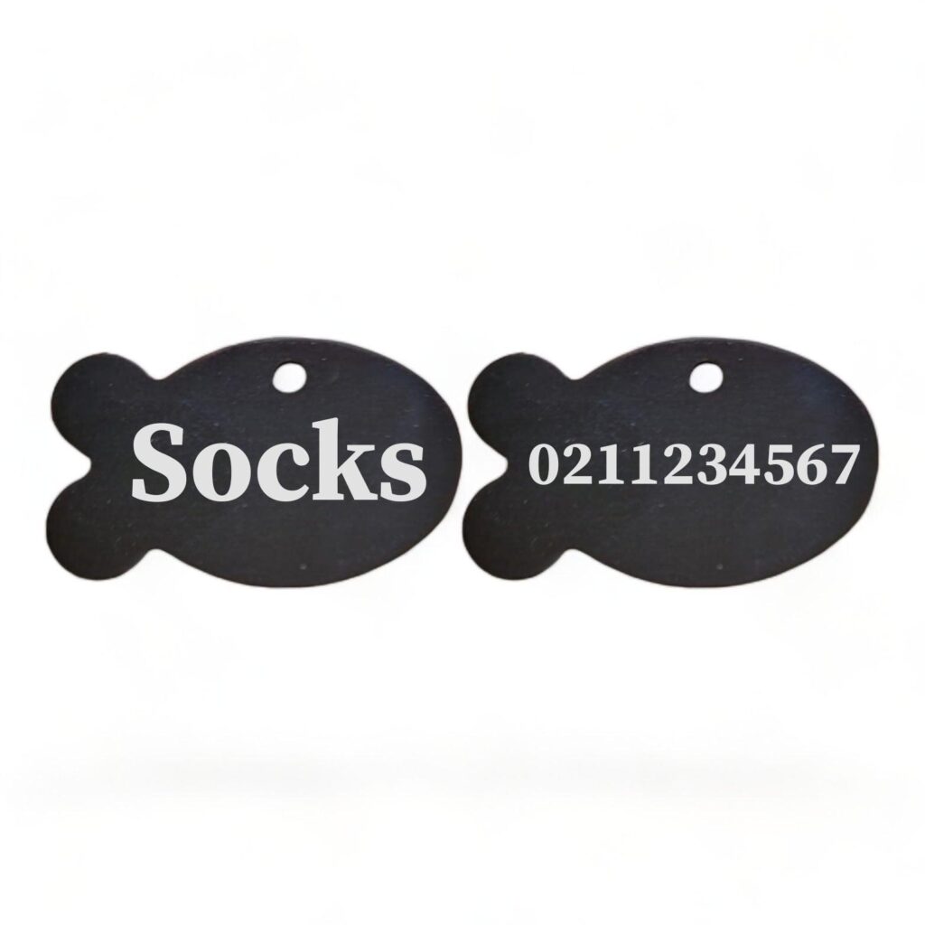 Name Front & Number Back | Fish Aluminum | Cat, Kitten & Dog ID Pet Tag