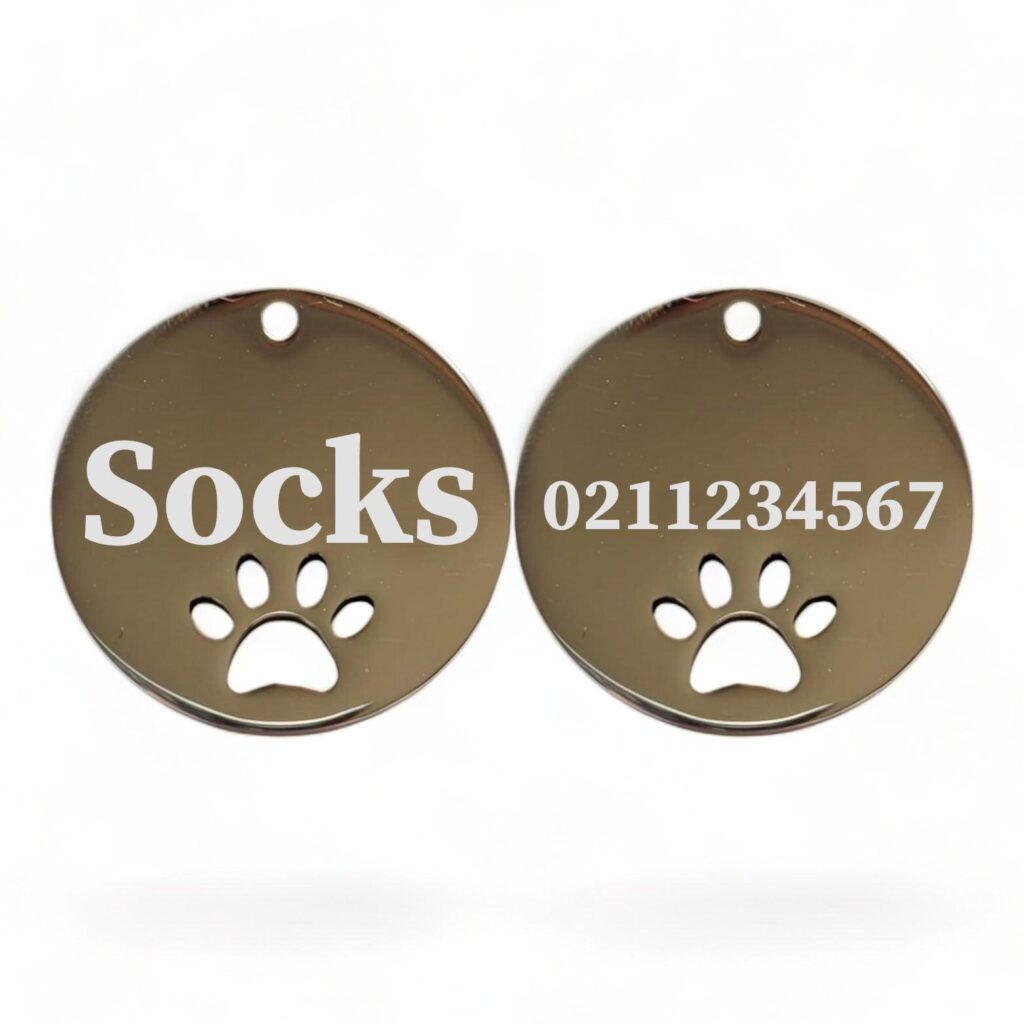 Name Front & Number Back Round Paw Print | Mirror Stainless | Cat & Dog ...